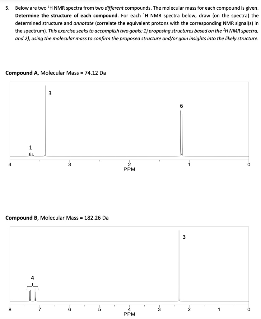below are two h nmr spectra from two different compounds the molecular mass for each compound is ...