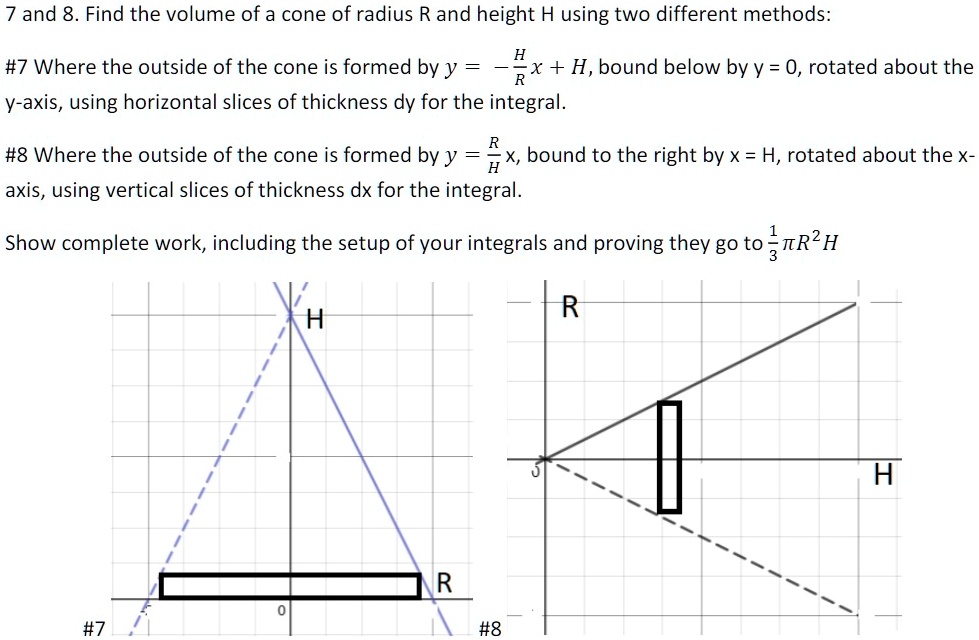 SOLVED: 7 and 8. Find the volume of a cone of radius R and height H ...
