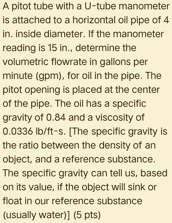 A pitot tube with a U-tube manometer is attached to a horizontal oil ...