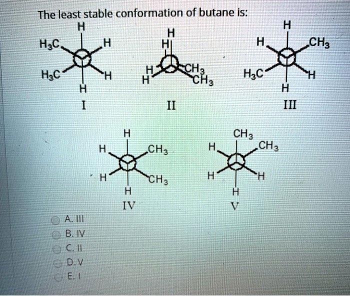 the least stable conformation of butane is h h hc h ch3 h3c h ch3 chz hzc h iii h ch3 ch h ch3 ...