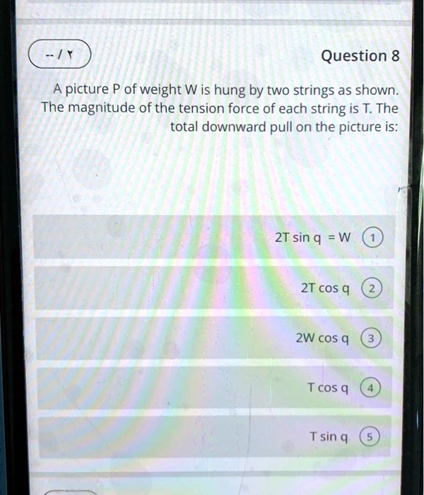 SOLVED: Question 8 A picture P of weight W is hung by two strings a5 shown: The magnitude of the ...