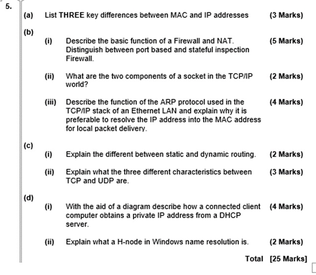 SOLVED: Texts: 5. (a) List THREE key differences between MAC and IP addresses. (3 Marks) (b) (i ...