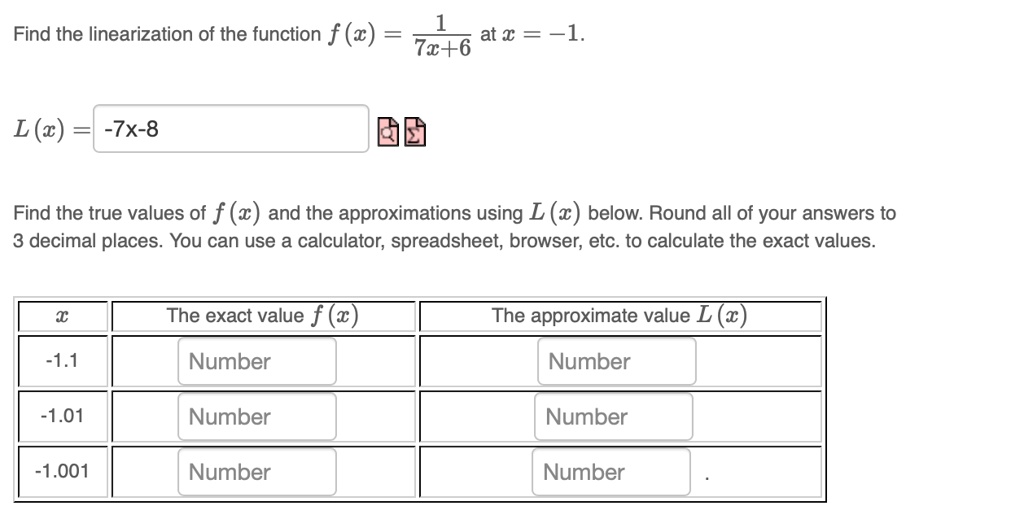 SOLVED: Find the linearization of the function f (x) at € = -1. 7x+6 L ...