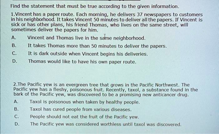 SOLVED: Find the statement that must be true according to the given ... SOLVED: Find the statement that must be true according to the given ...