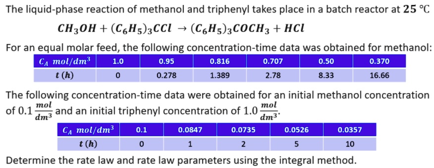SOLVED: USING INTEGRAL METHOD The liquid-phase reaction of methanol and ...