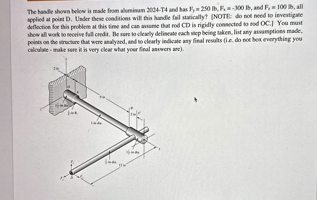 the handle shown below is made from aluminum 2024 t4 and has fy 250 lb fx 300 lb and fz 100 lb ...