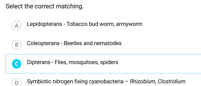 select the correct matching a lepidopterans tobacco bud worm armyworm b coleopterans beetles and ...