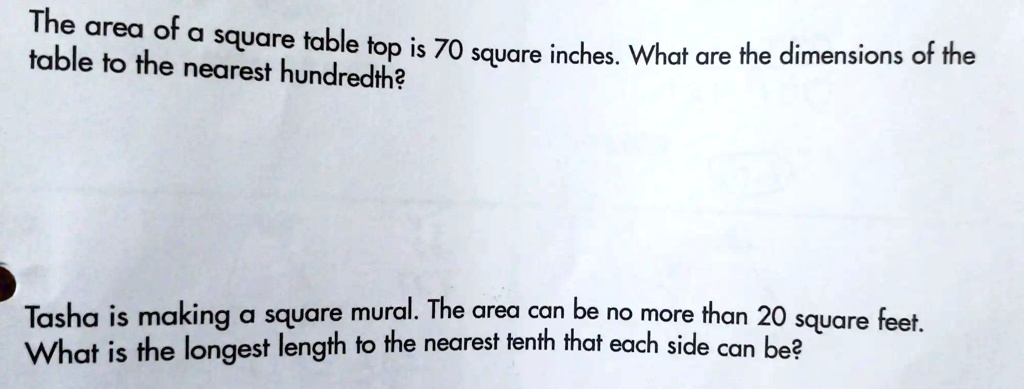 SOLVED: The area of a square table table t the top is 70 square inches ...