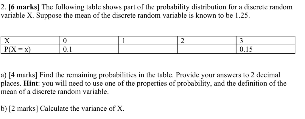 SOLVED: 2. [6 marks] The following table shows part of the probability distribution for a ...