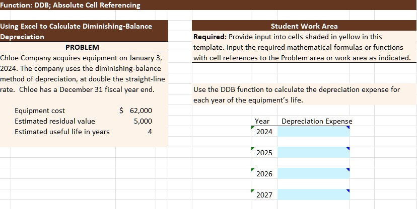 Function: DDB; Absolute Cell Referencing Using Excel to Calculate Diminishing-Balance ...