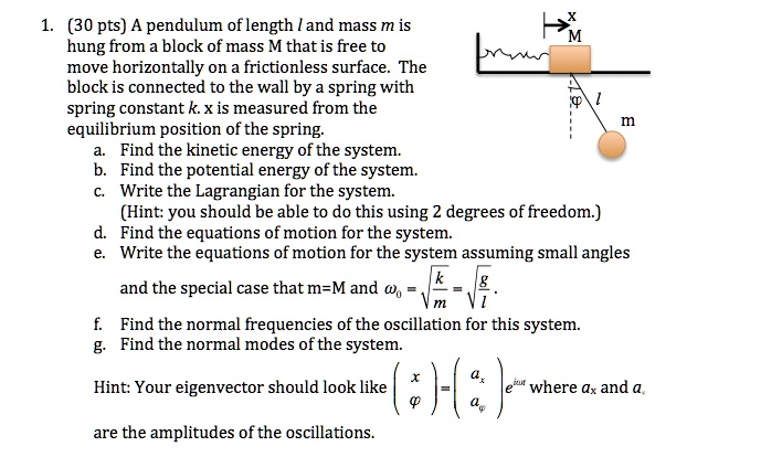 SOLVED: 1.30 ptsA pendulum of length l and mass m is V hung from a block of mass M that is free ...