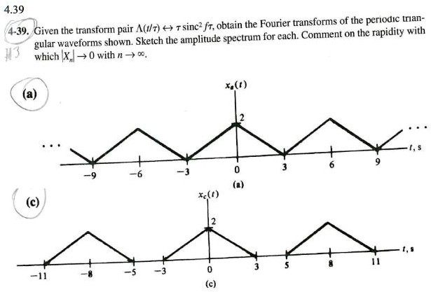 4.39 4-39. Given the transform pair A(t/τ) ↔τsinc^2 fτ, obtain the ...