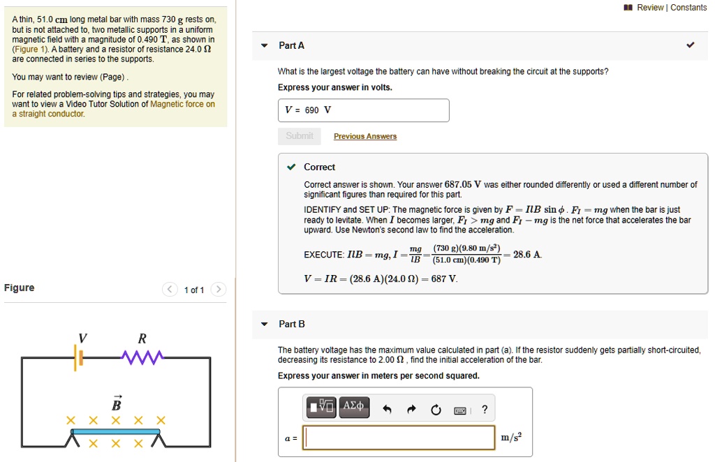 SOLVED: Review | Constants thin, 51.0 cm long meta bar with mass 730 g rests on, but is not ...
