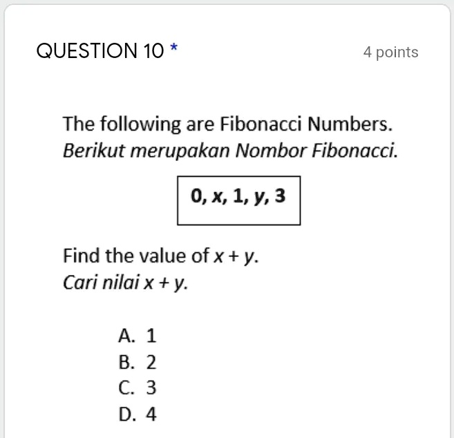 SOLVED: QUESTION 10 points The following are Fibonacci Numbers. Berikut ... SOLVED: QUESTION 10 points The following are Fibonacci Numbers. Berikut ...