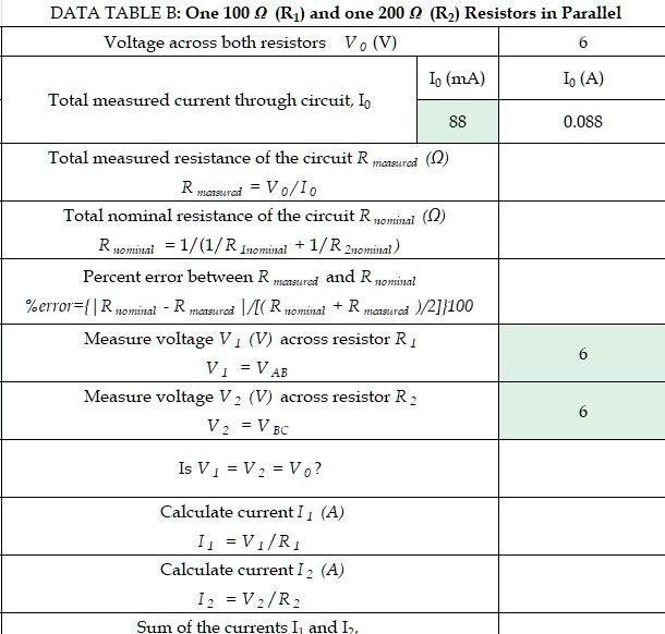 SOLVED: DATA TABLE B: One 100 Î© (R1) and one 200 Î© (R2) Resistors in ...
