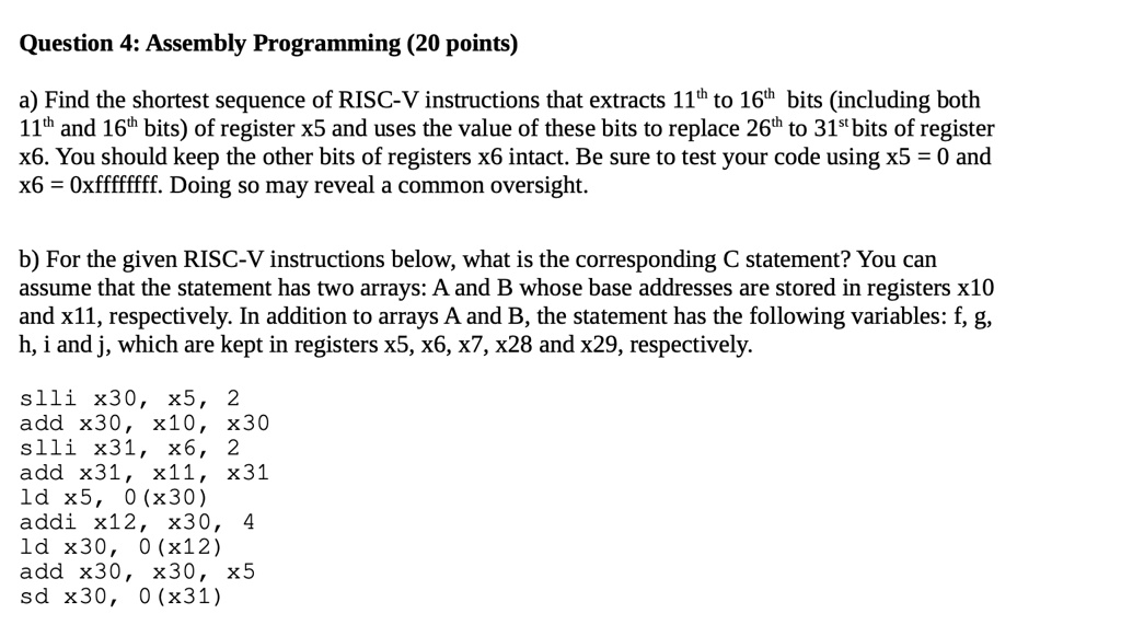 Solved Question 4 Assembly Programming 20 Points A Find The Shortest Sequence Of Risc V