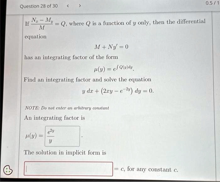 texts what is the solution in implicit form 051 question 28 of 30 the ...