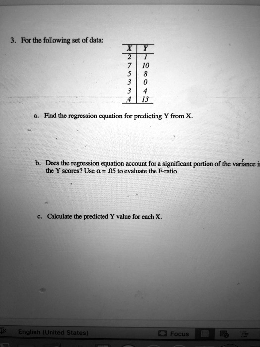 SOLVED: For the following set of data: 1 10 % Find the regression ... SOLVED: For the following set of data: 1 10 % Find the regression ...