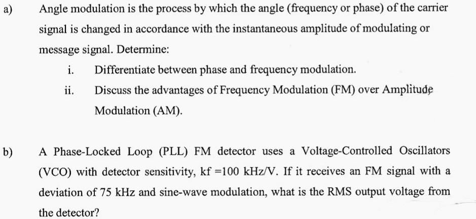 Solved Angle Modulation Is The Process By Which The Angle Frequency