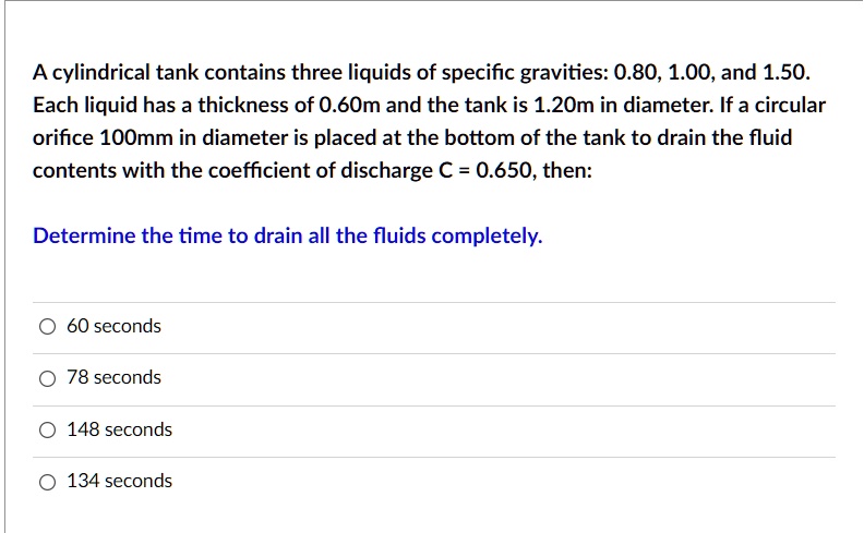 A cylindrical tank contains three liquids of specific gravities: 0.80, 1.00, and 1.50. Each ...