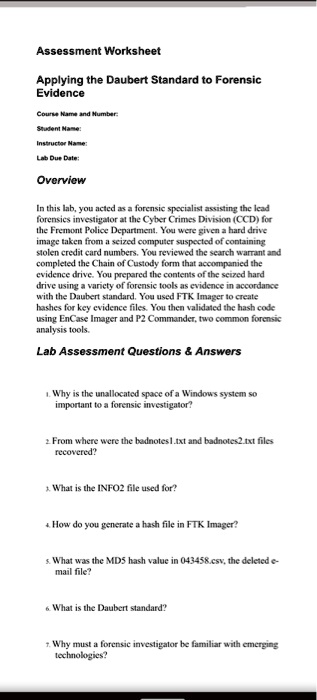 Assessment Worksheet Applying the Daubert Standard to...