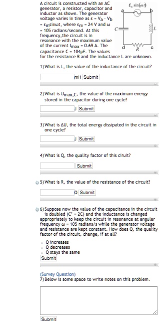 SOLVED: A circuit is constructed with an AC sin(Ï‰t) generator, a ...