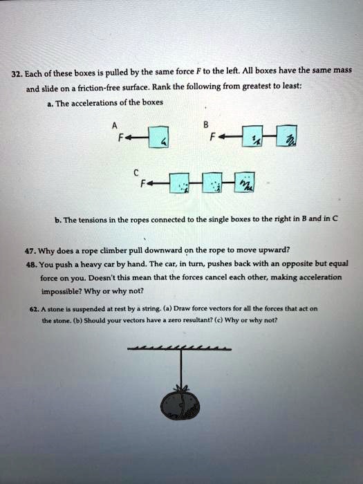 SOLVED: 32 . Each of these boxes pulled by the same force to the left ...