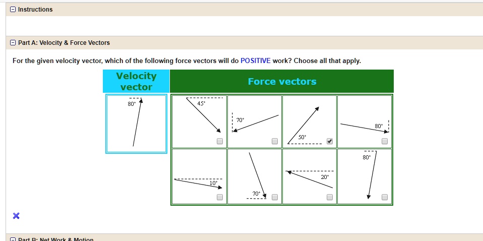 Part A: Velocity Force Vectors For the given velocity vector, which of ...