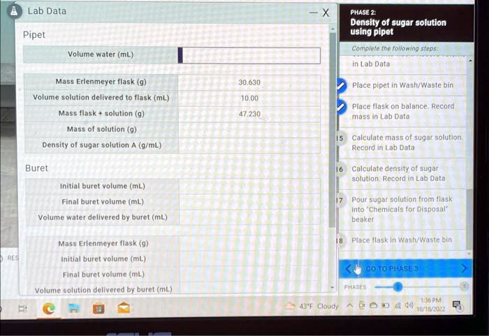 Lab Data Pipet Volume water (mL) Mass Erlenmeyer flask (g) Volume solution delivered to flask ...