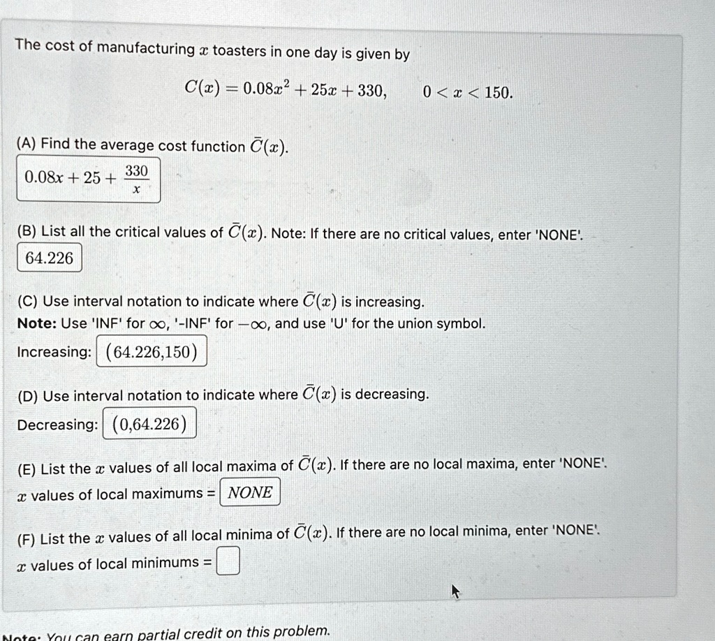 SOLVED: The cost of manufacturing x toasters in one day is given by C(x ...