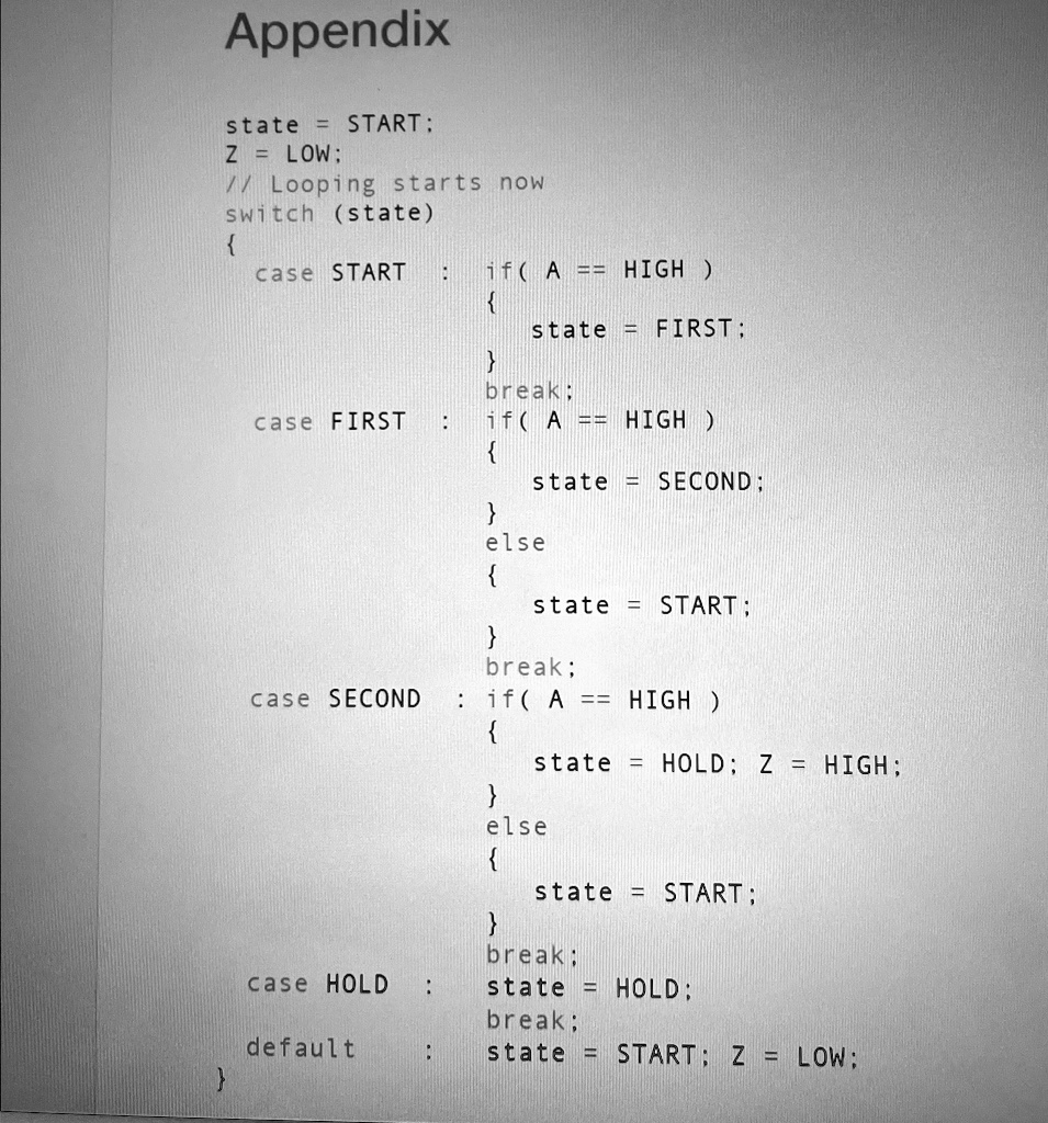 Draw and label the state diagram for the FSM coded in the appendix. Variable A is the input, and ...