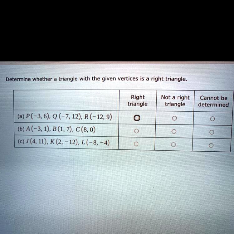 SOLVED: 'determine whether a triangle with the given vertices is a right triangle. Determine ...