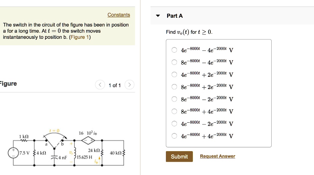 SOLVED: Constants Part A The switch in the circuit of the figure has been in position a for a ...