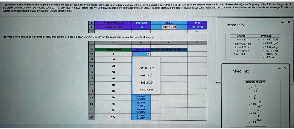 SOLVED: The worksheet shown below was designed to calculate the total pressure felt by an object ...
