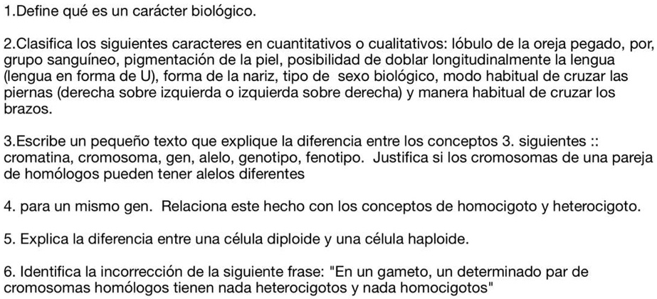 SOLVED: 6 actividades de biologia sobre los caracteres biologicos. 1 ...