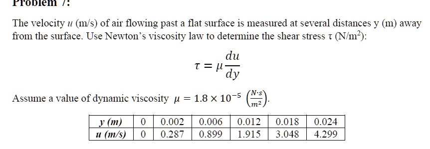 [GET ANSWER] Problem 7: The velocity u (m/s) of air flowing past a flat surface is measured at ...
