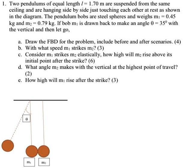 1. Two pendulums of equal length l = 1.70 m are suspended from the same ...