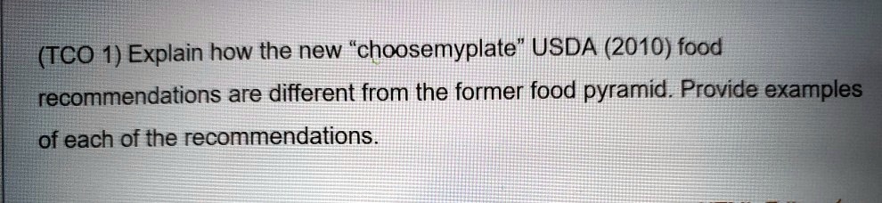 SOLVED: (TCO 1) Explain how the new "choosemyplate" USDA (2010) food ...