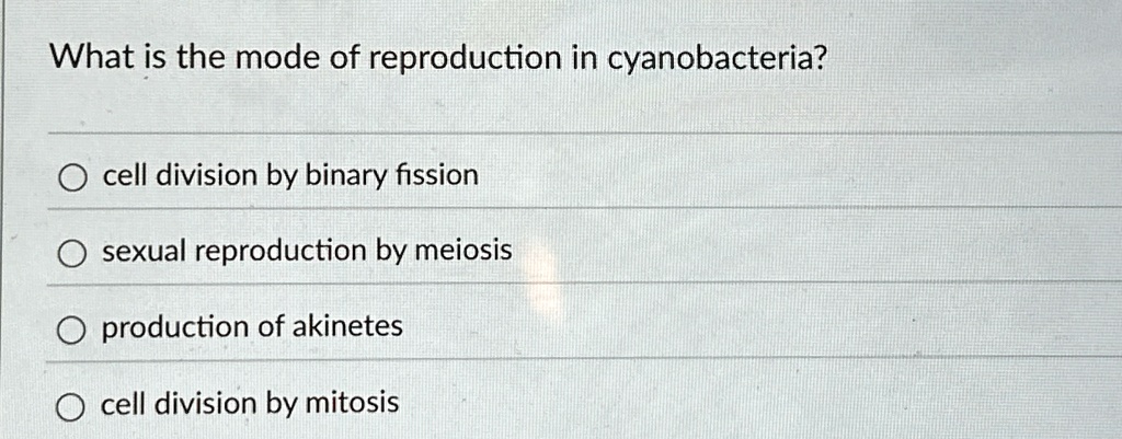 What is the mode of reproduction in cyanobacteria? O cell division by ...