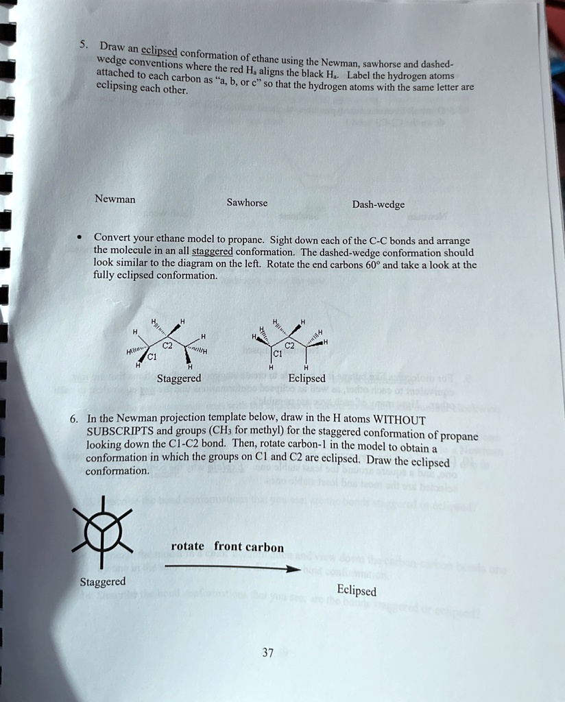 5. Draw an eclipsed conformation of ethane using the Newman, sawhorse ...