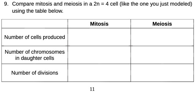 SOLVED: '9. Compare mitosis and meiosis in a Zn = 4 cell (like the one ...