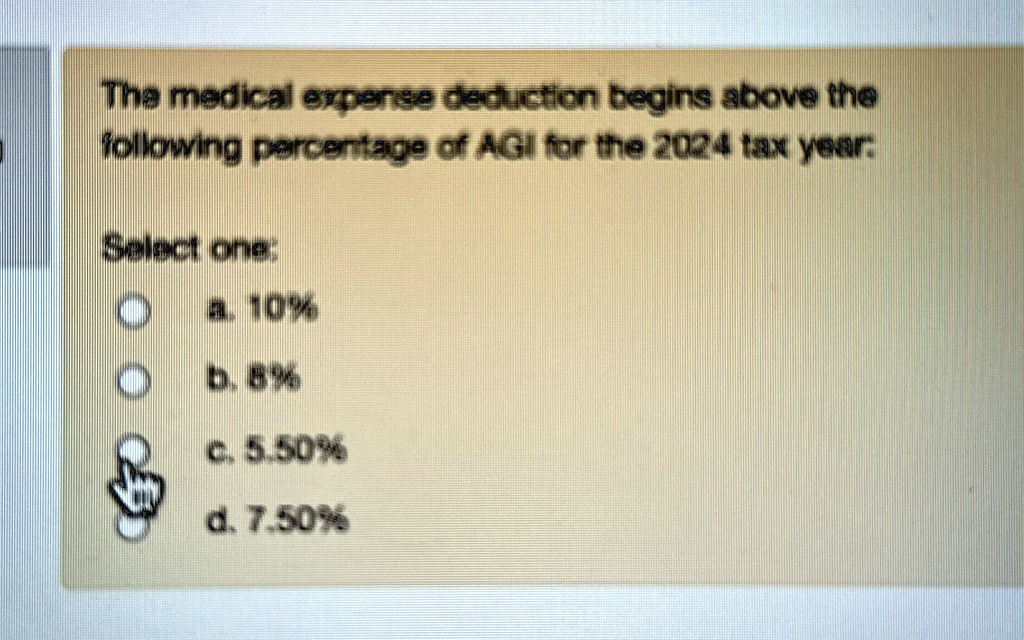the medical expense deduction begins above the following percentage of ...
