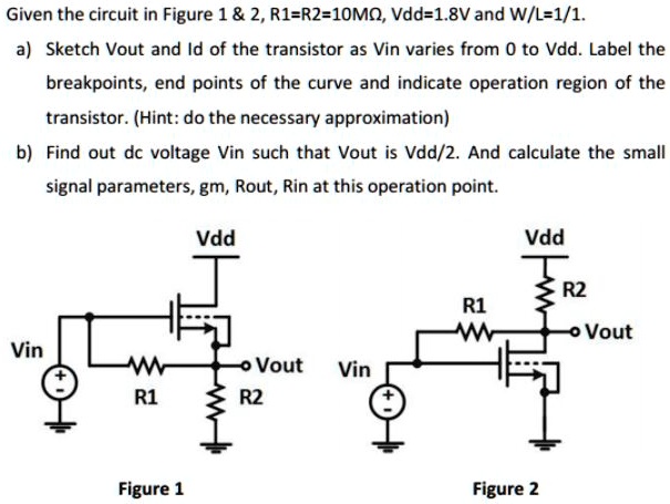 SOLVED: Given the circuit in Figure 1 2,R1=R2=10MQ,Vdd=1.8VandW/L=1/1 a) Sketch Vout and Id of ...