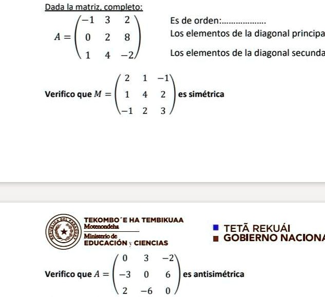 SOLVED: Dada la matriz completa Dada la matrizcompleto: =1 Es de orden ...