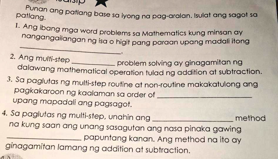 Punan ang patlang base sa iyong na pag-aralan. Isulat ang sagot sa ...