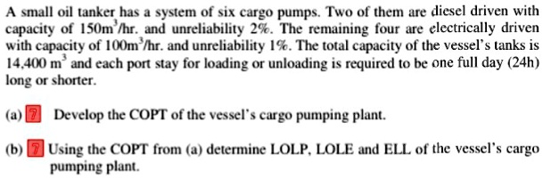 SOLVED: A small oil tanker has system of six €argo pumps. Two of them ...
