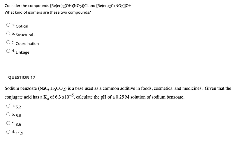 SOLVED:Consider the compounds [Relen)z(OHJ(NO2)JCl and [Re(en)2CI(NO2 ...