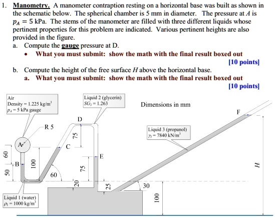 1. Manometry. A manometer contraption resting on a horizontal base was built as shown in the ...