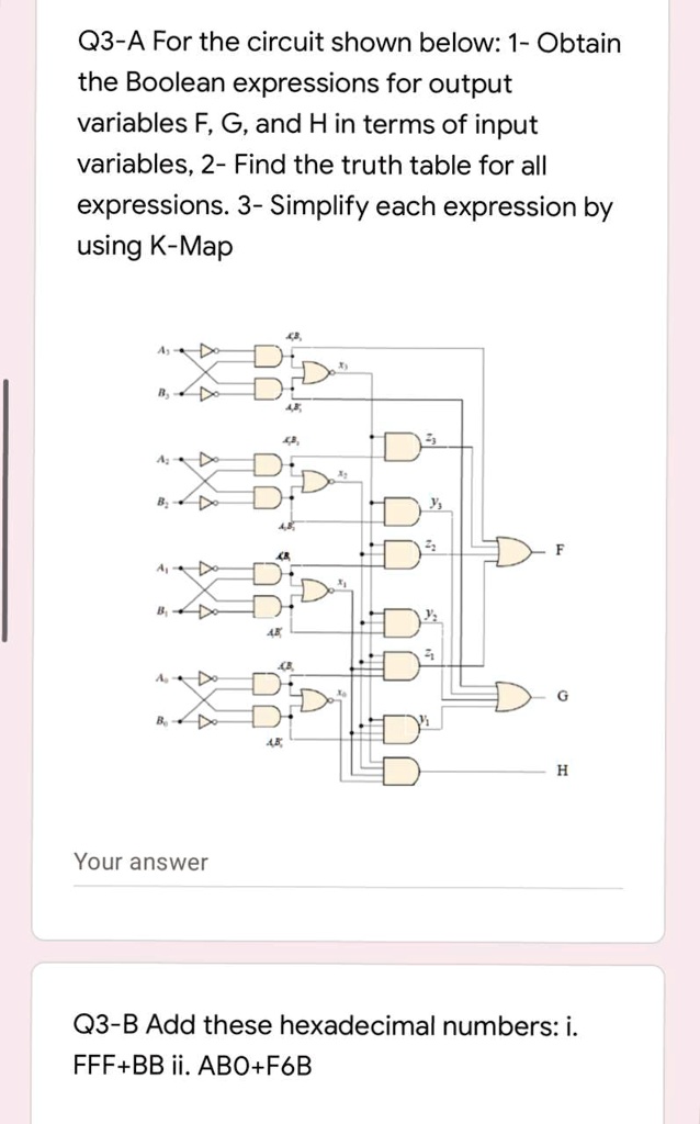 SOLVED: Q3-A For the circuit shown below: 1- Obtain the Boolean expressions for output variables ...