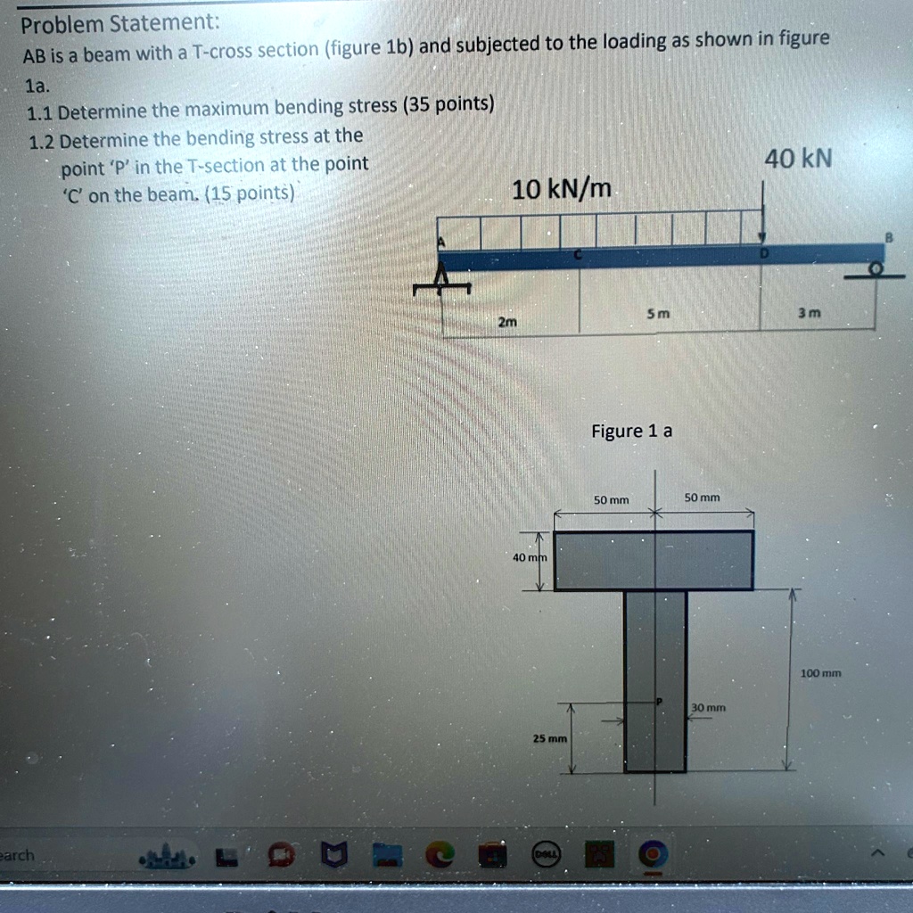 Problem Statement: AB is a beam with a T-cross section (figure 1b) and subjected to the loading ...